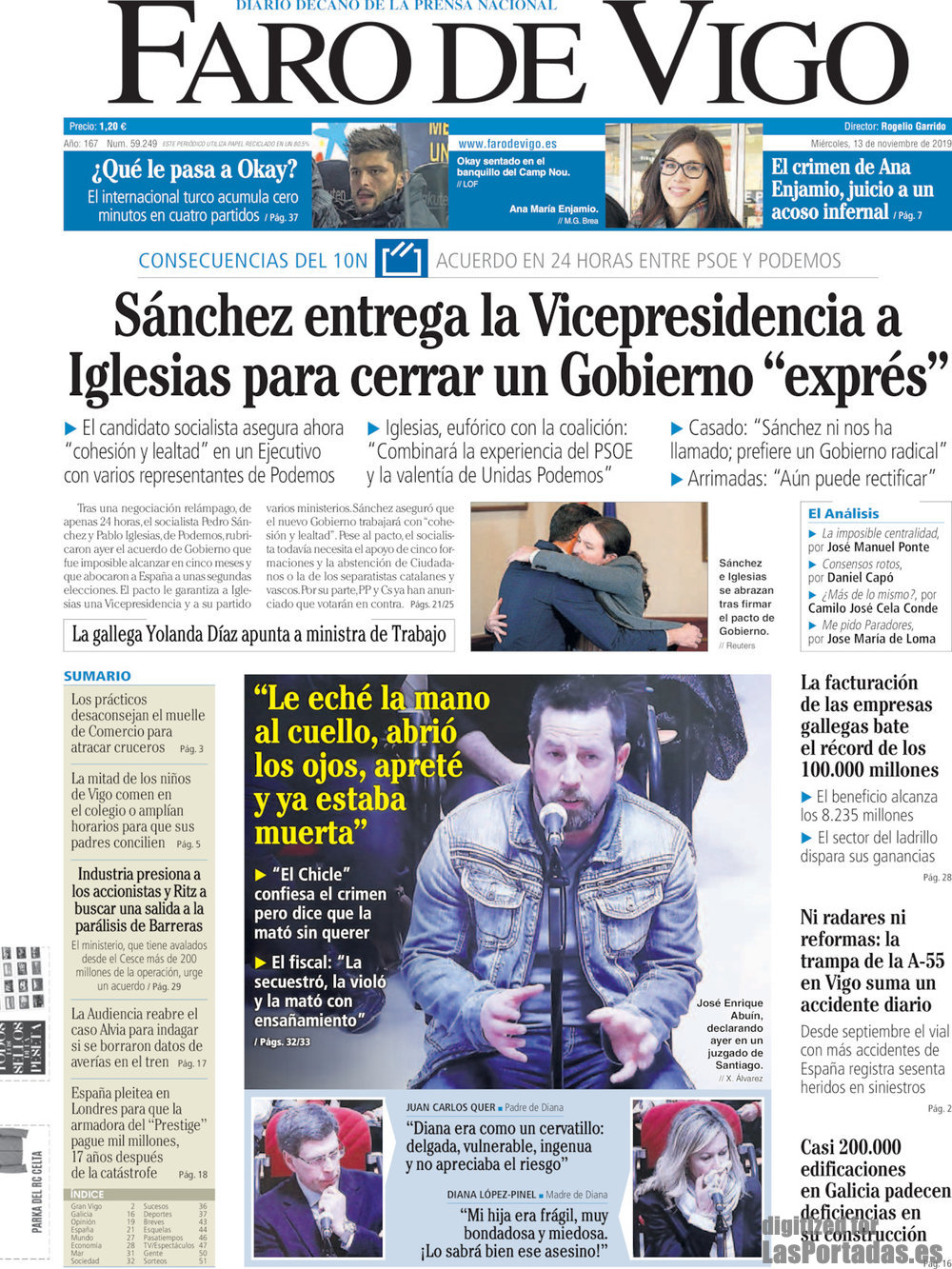 Portada del diario El Faro de Vigo del día 13/11/2019 – News Europa