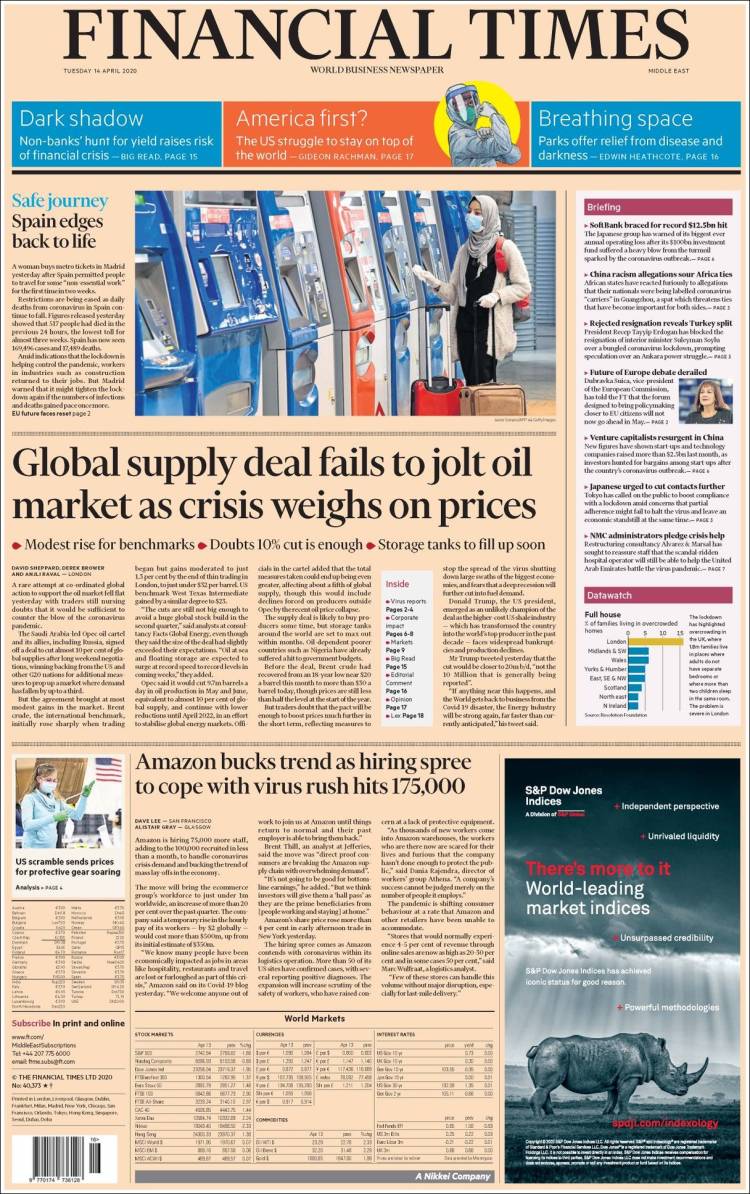 Portada del diario FINANCIAL TIMES del día 14/04/2020 – News Europa