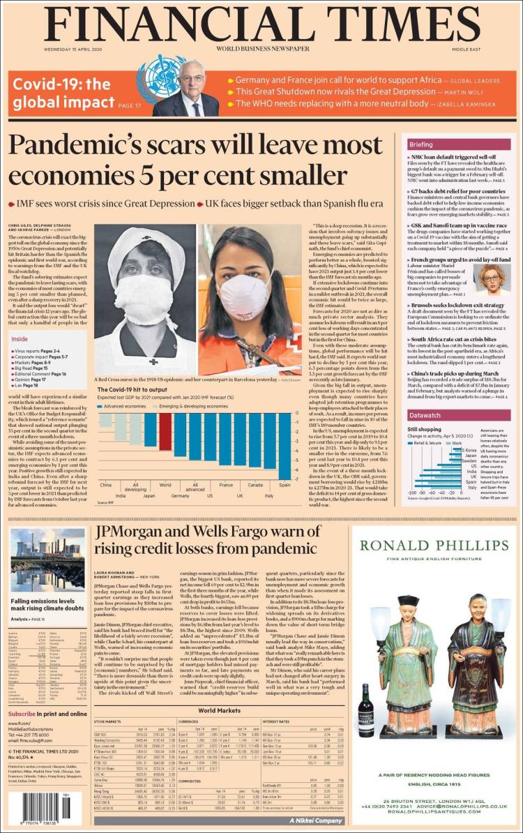 Portada del diario FINANCIAL TIMES del día 15/04/2020 – News Europa