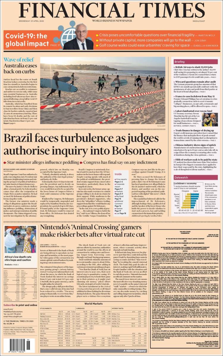 Portada del diario FINANCIAL TIMES del día 29/04/2020 – News Europa