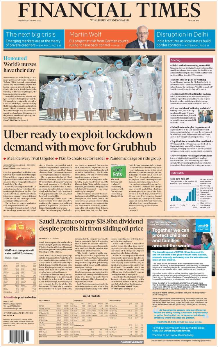 Portada del diario FINANCIAL TIMES del día 13/05/2020 – News Europa