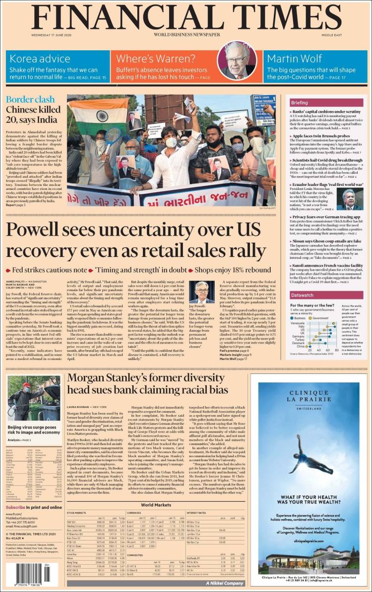 Portada del diario de Economía y Finanzas FINANCIAL TIMES del día 17/06 ...