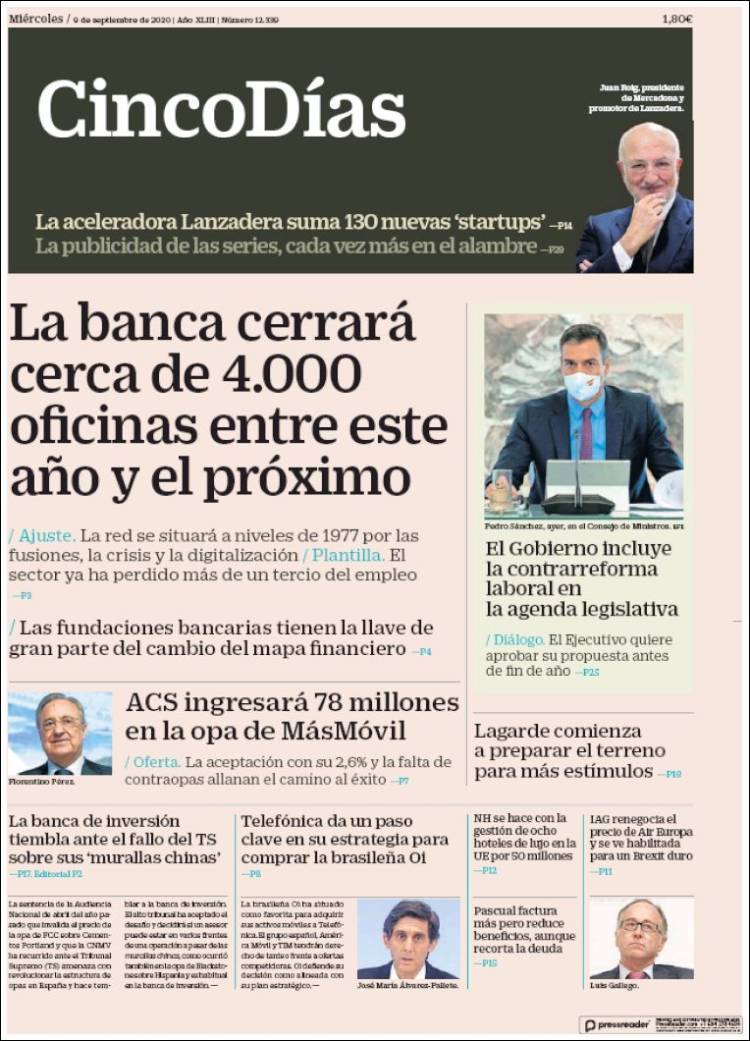 Portada del diario CINCO DÍAS del día 9/09/2020 – News Europa