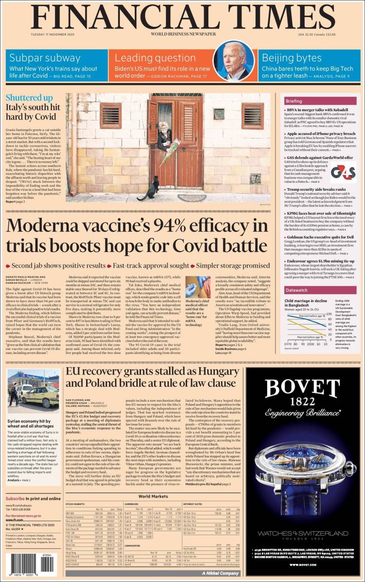 Portada del diario de Economía FINANCIAL TIMES del día 17/11/2020 ...