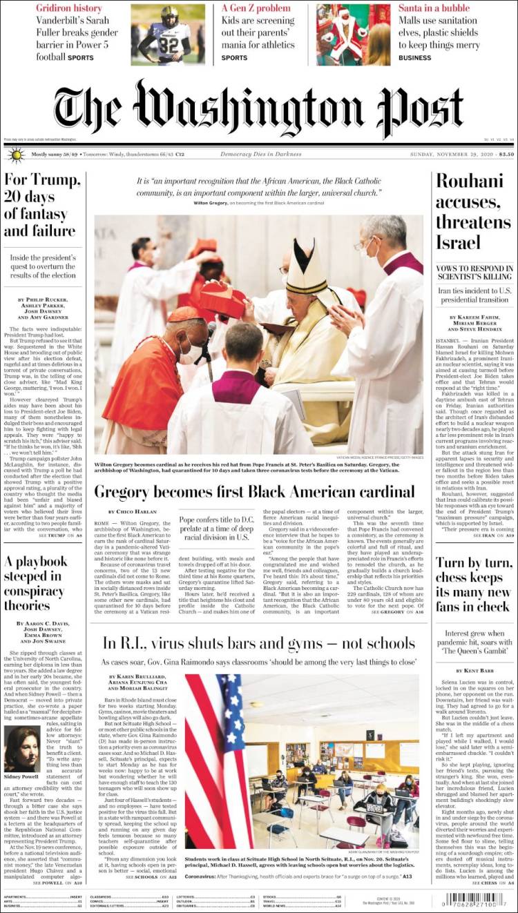 Portada Del Diario The Washington Post Del Día 29 11 2020 News Europa
