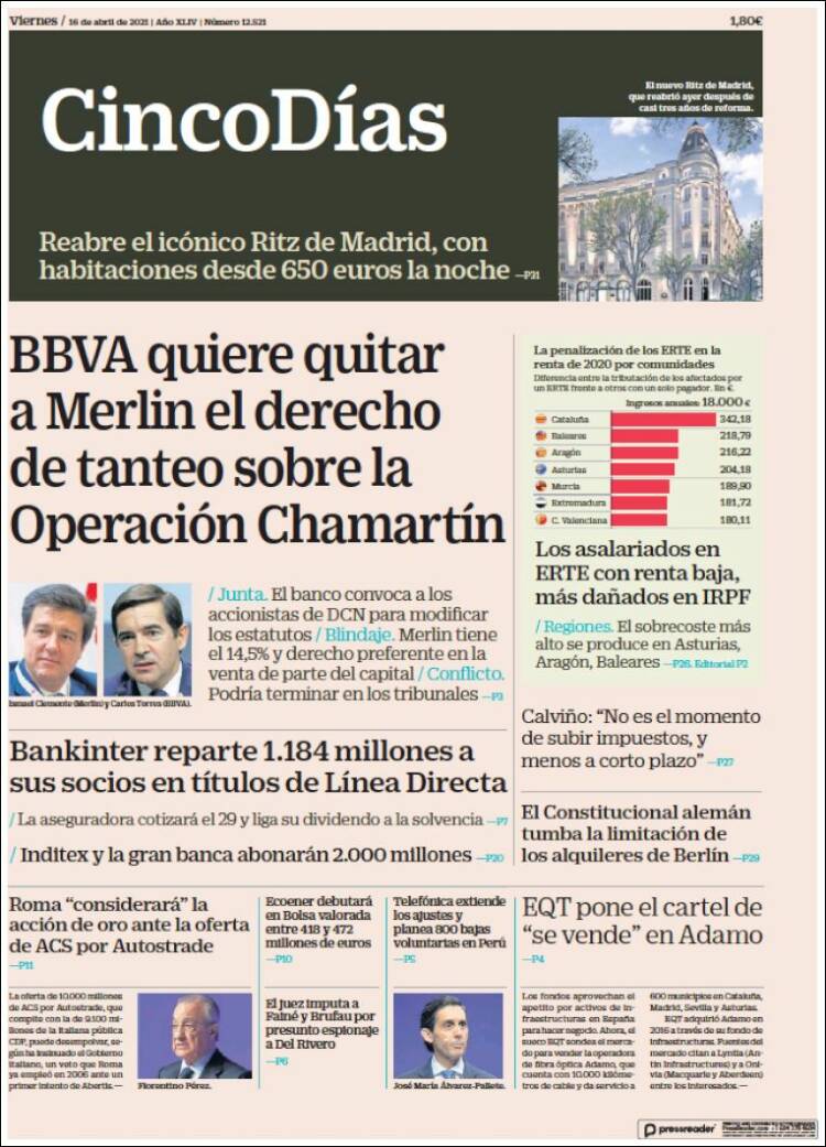 Portada del diario CINCO DÍAS del día 16/04/2021 – News Europa