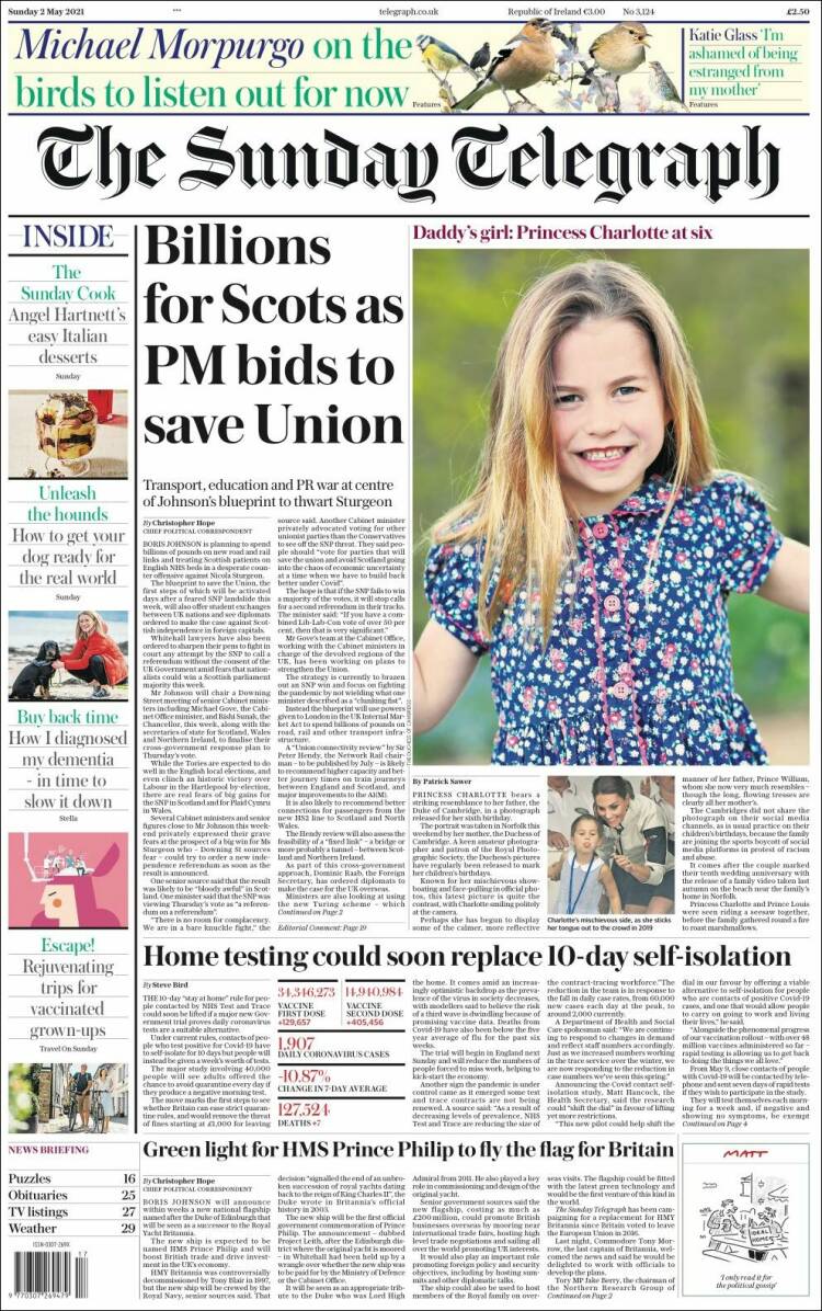 Portada del diario THE SUNDAY TELEGRAPH del día 02/05/2021 – News Europa