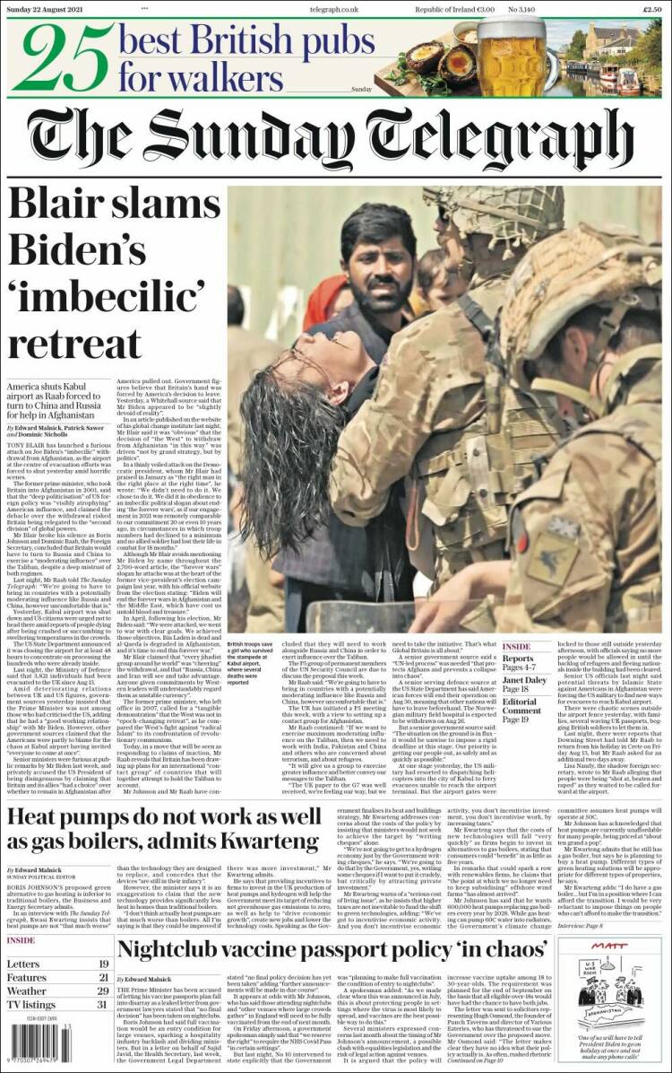 Portada del diario THE SUNDAY TELEGRAPH del día 22/08/2021 – News Europa