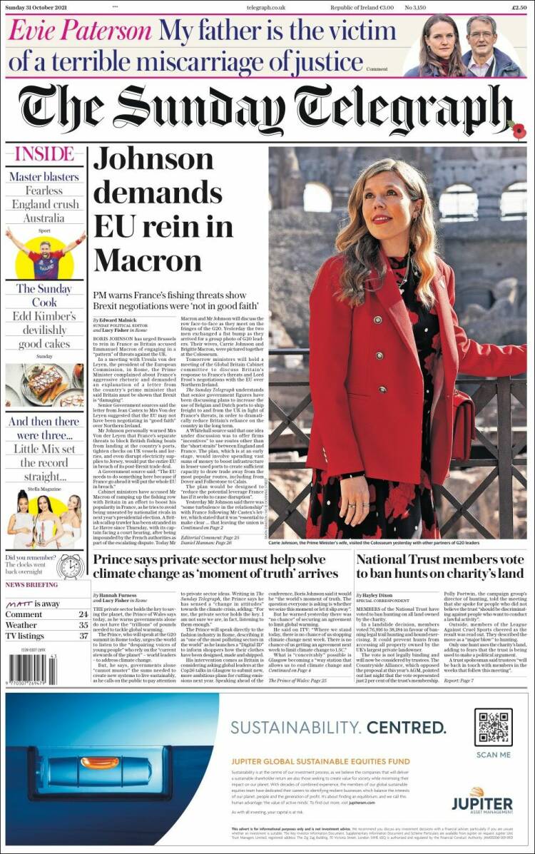 Portada del diario THE SUNDAY TELEGRAPH del día 31/10/2021 – News Europa