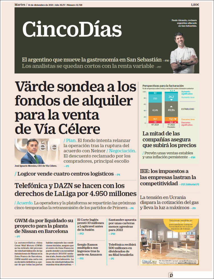 Portada del diario CINCO DÍAS del día 14/12/2021 – News Europa