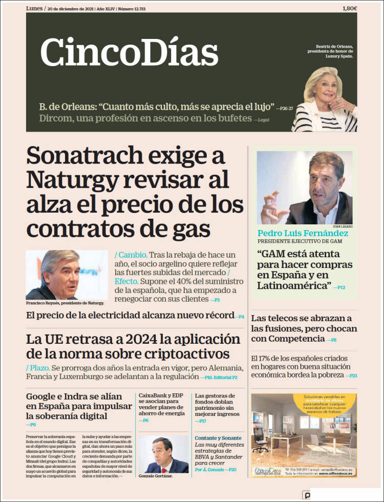 Portada del diario CINCO DÍAS del día 20/12/2021 – News Europa