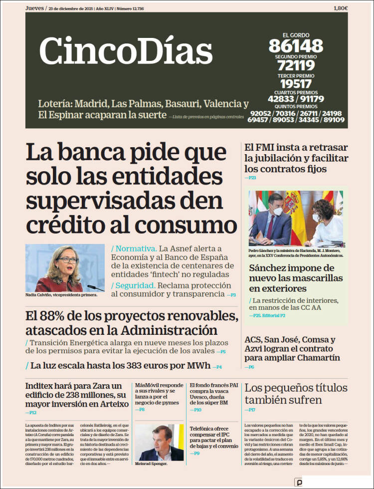 Portada del diario CINCO DÍAS del día 23/12/2021 – News Europa