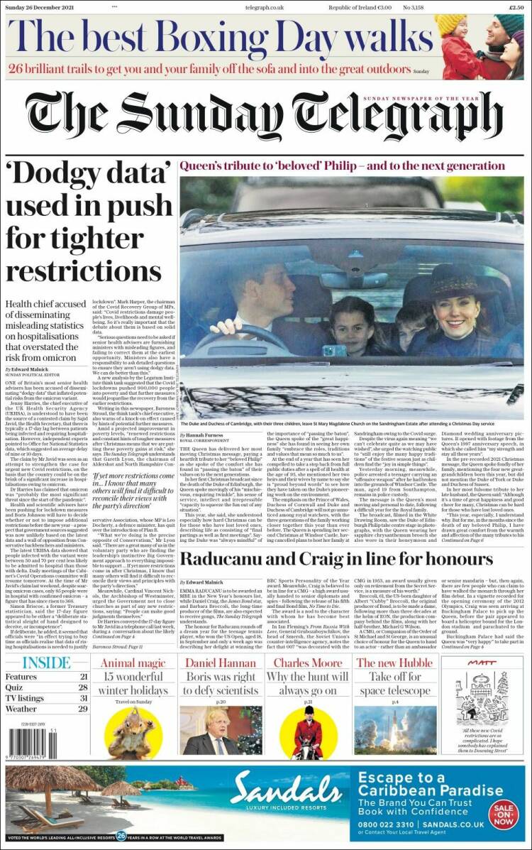Portada del diario THE SUNDAY TELEGRAPH del día 26/12/2021 – News Europa