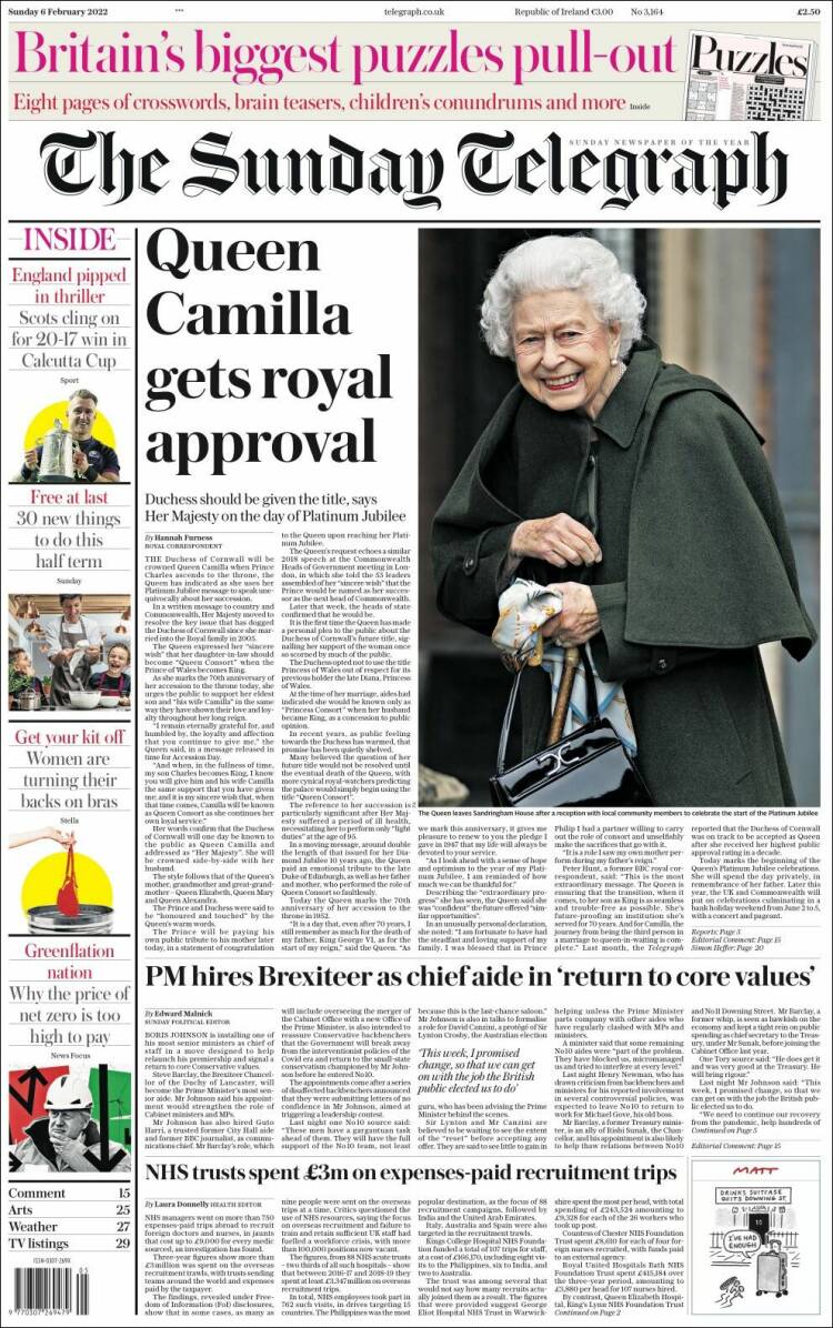 Portada del diario THE SUNDAY TELEGRAPH del día 6/02/2022 – News Europa