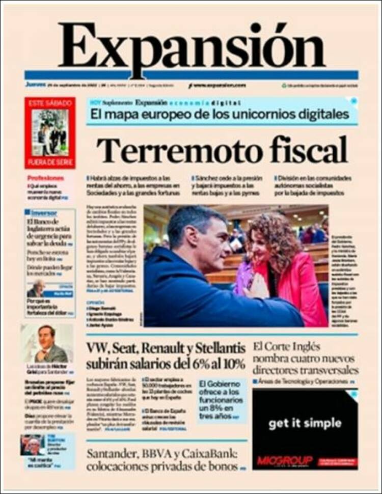 Portada del diario EXPANSIÓN del día 29/09/2022 – News Europa
