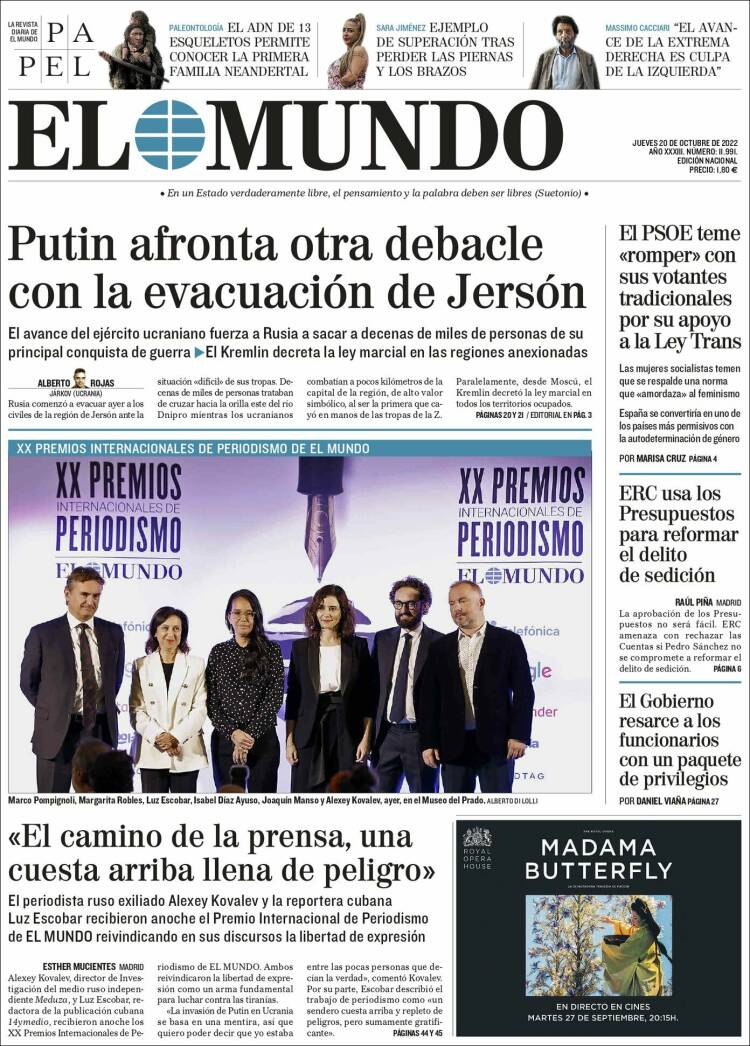 Portada del diario EL MUNDO del día 20/10/2022 – News Europa