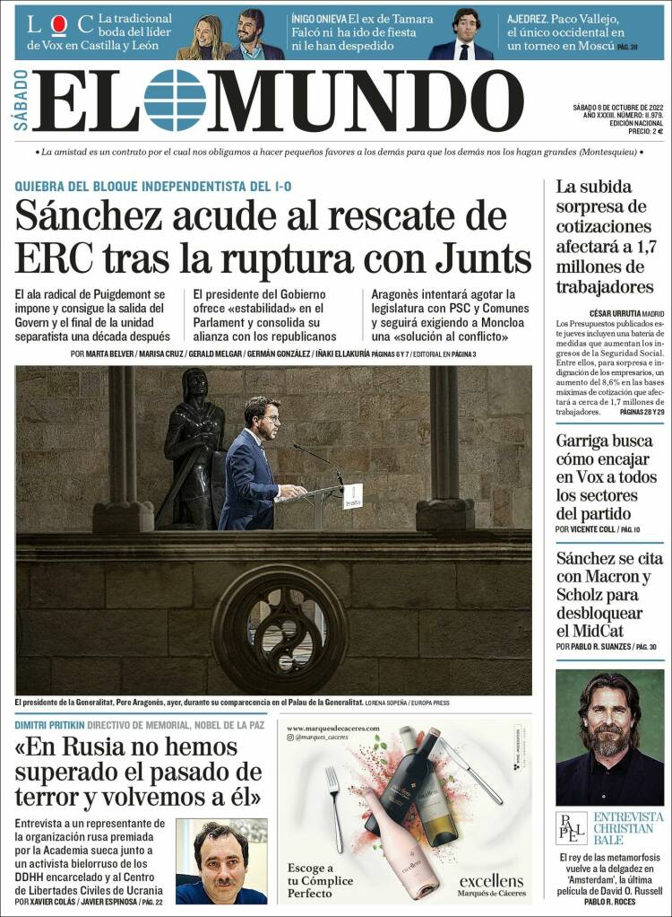 Portada del diario EL MUNDO del día 8/10/2022 – News Europa