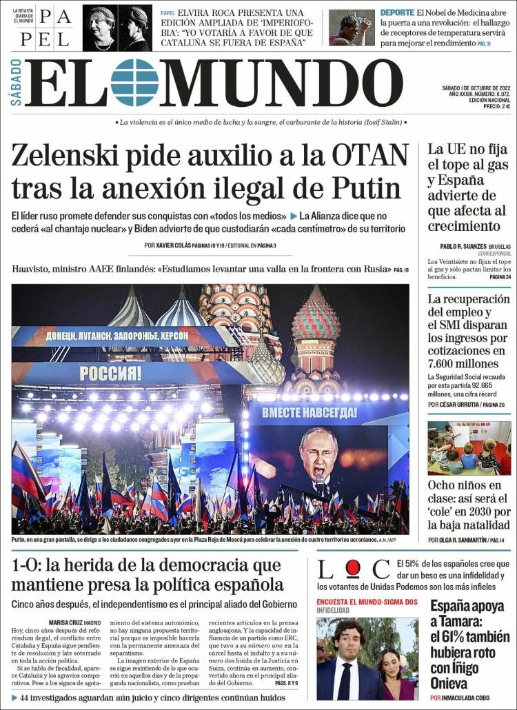Portada del diario EL MUNDO del día 1/10/2022 – News Europa