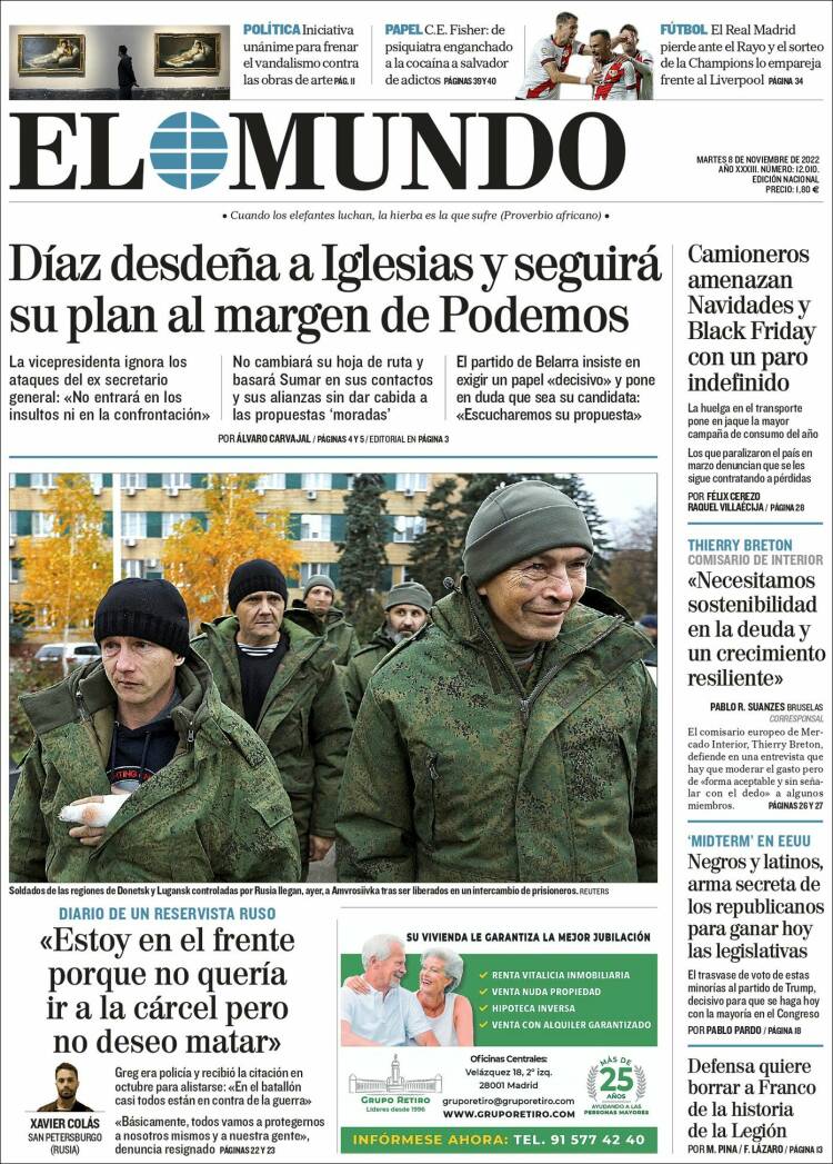 Portada del diario EL MUNDO del día 8/11/2022 – News Europa