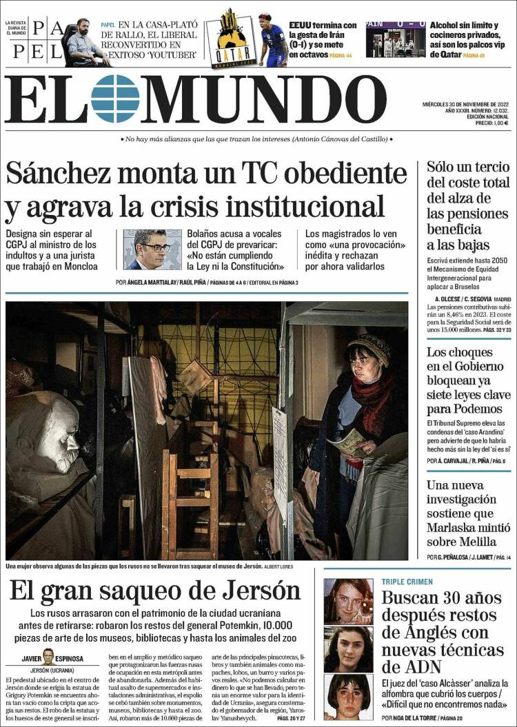 Portada del diario EL MUNDO del día 30/11/2022 – News Europa
