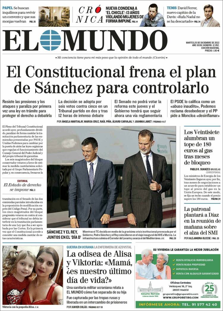 Portada del diario EL MUNDO del día 20/12/2022 – News Europa Portada del diario EL MUNDO del día 20/12/2022 – News Europa